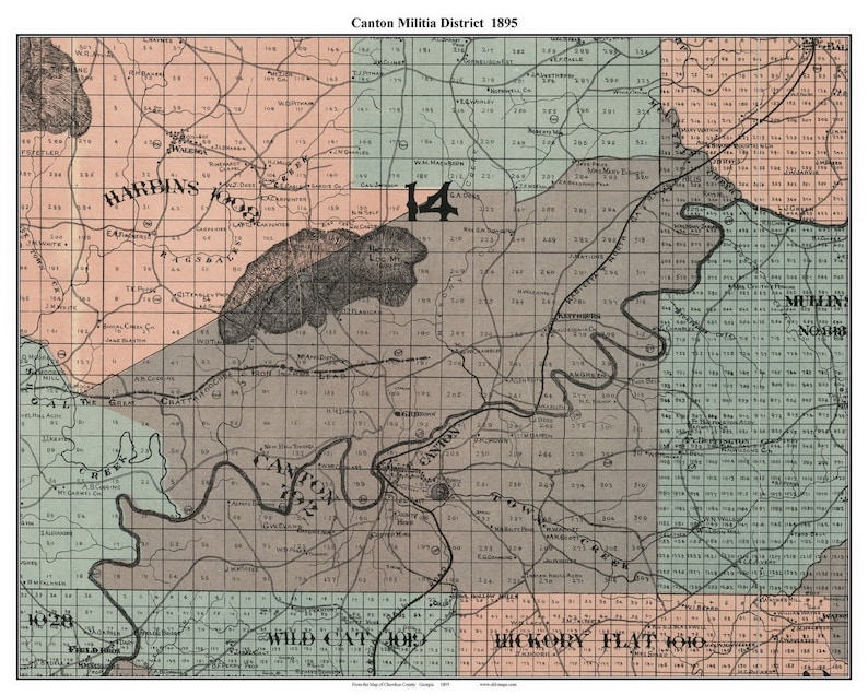 Canton District 1895 Old Town Map With Homeowner Names Georgia Cherokee ...