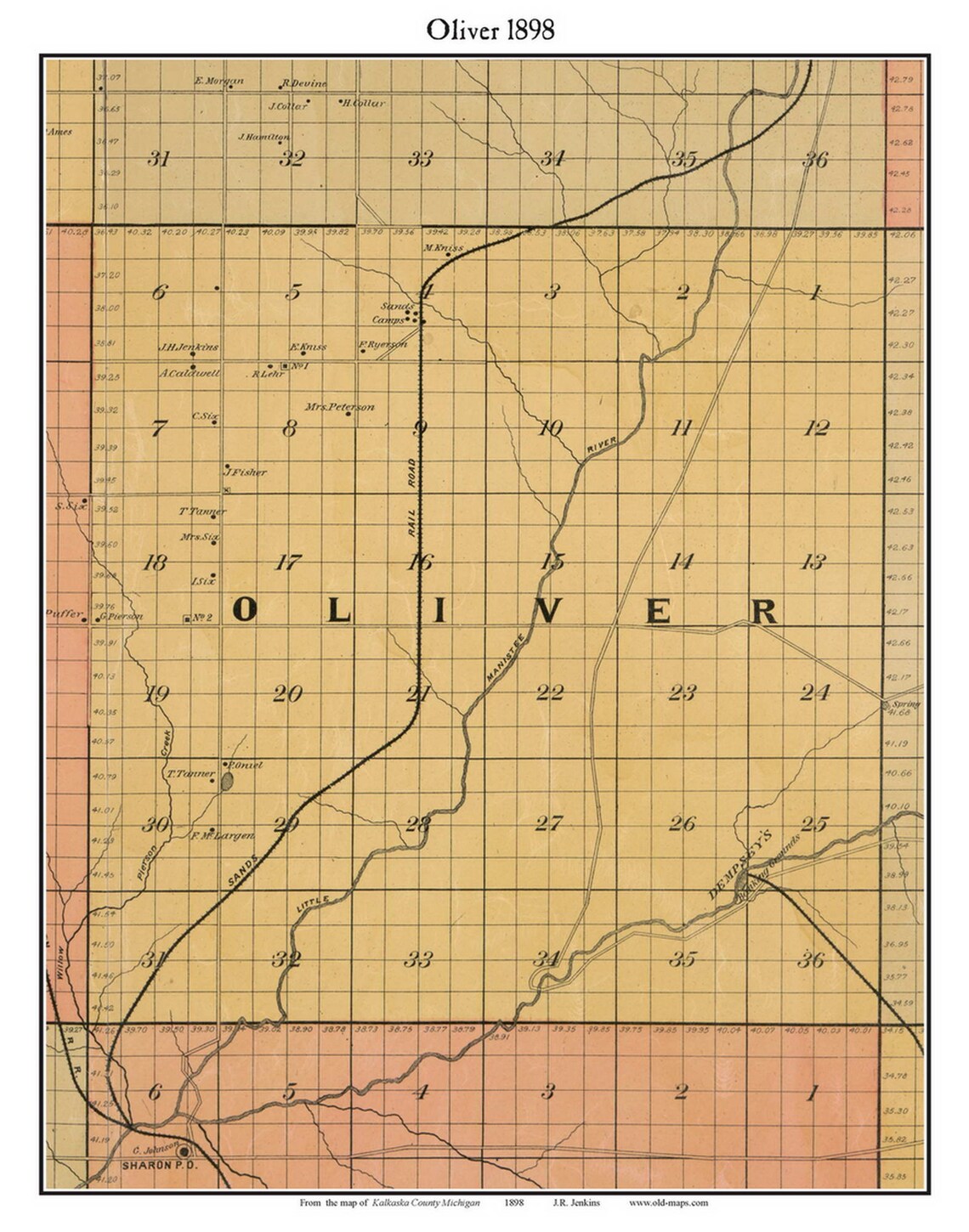 Oliver 1898 Old Town Map With Homeowner Names - Michigan - Reprint ...