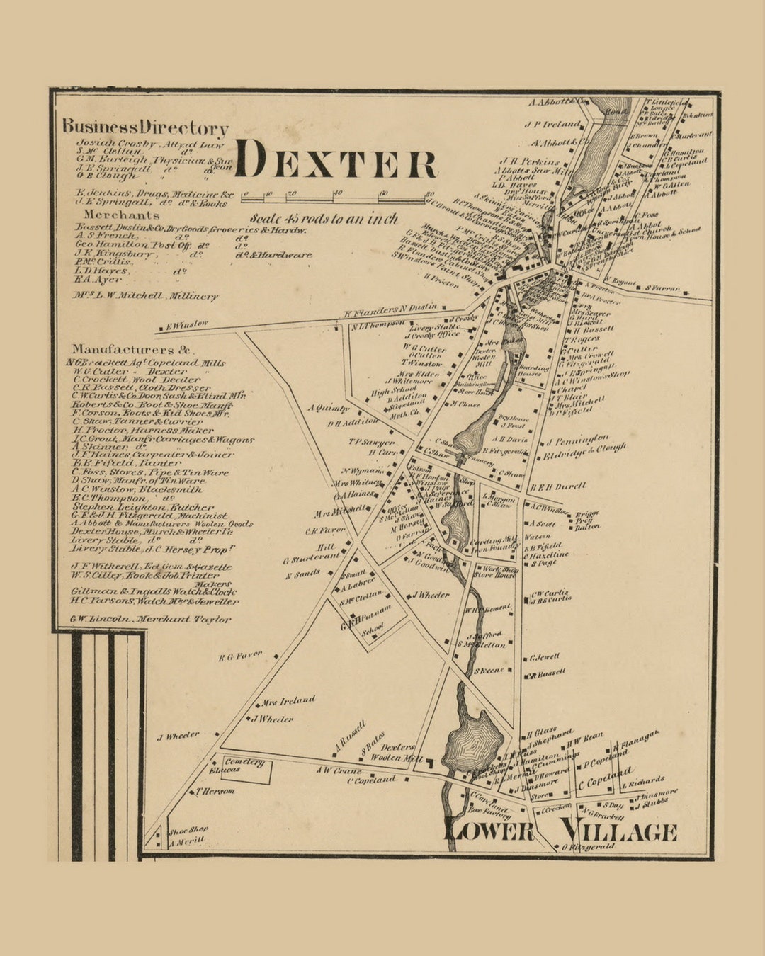 Dexter Village 1859 Old Town Map With Homeowner Names Maine - Reprint ...