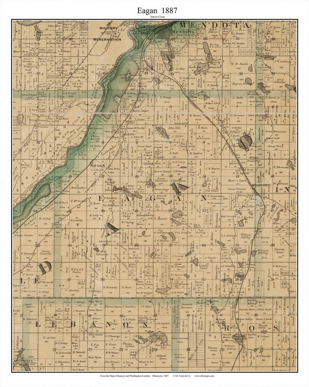 Eagan 1887 - Old Town Map With Homeowner Names Minnesota - Reprint ...