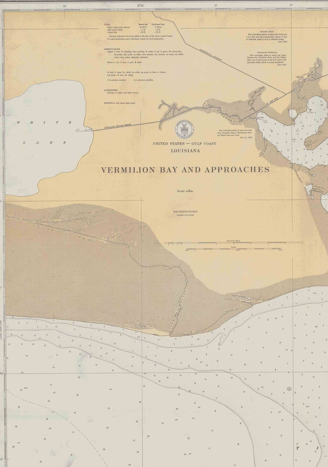 Vermillion Bay Approaches 1933 Nautical Old Map Reprint - Louisiana ...