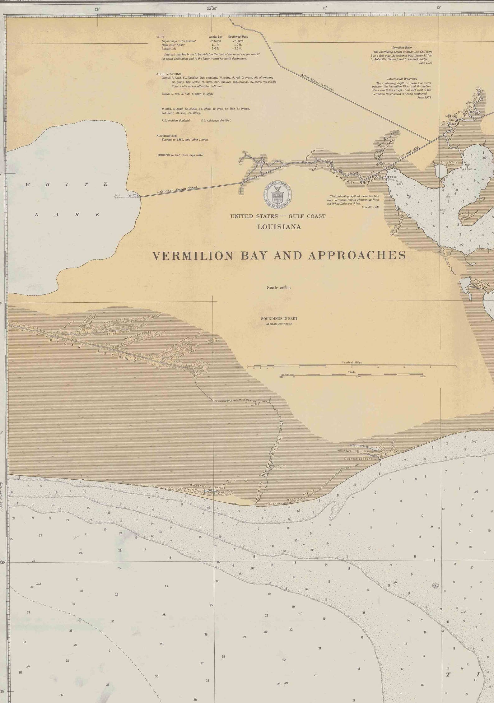Vermillion Bay Approaches 1933 Nautical Old Map Reprint - Louisiana ...