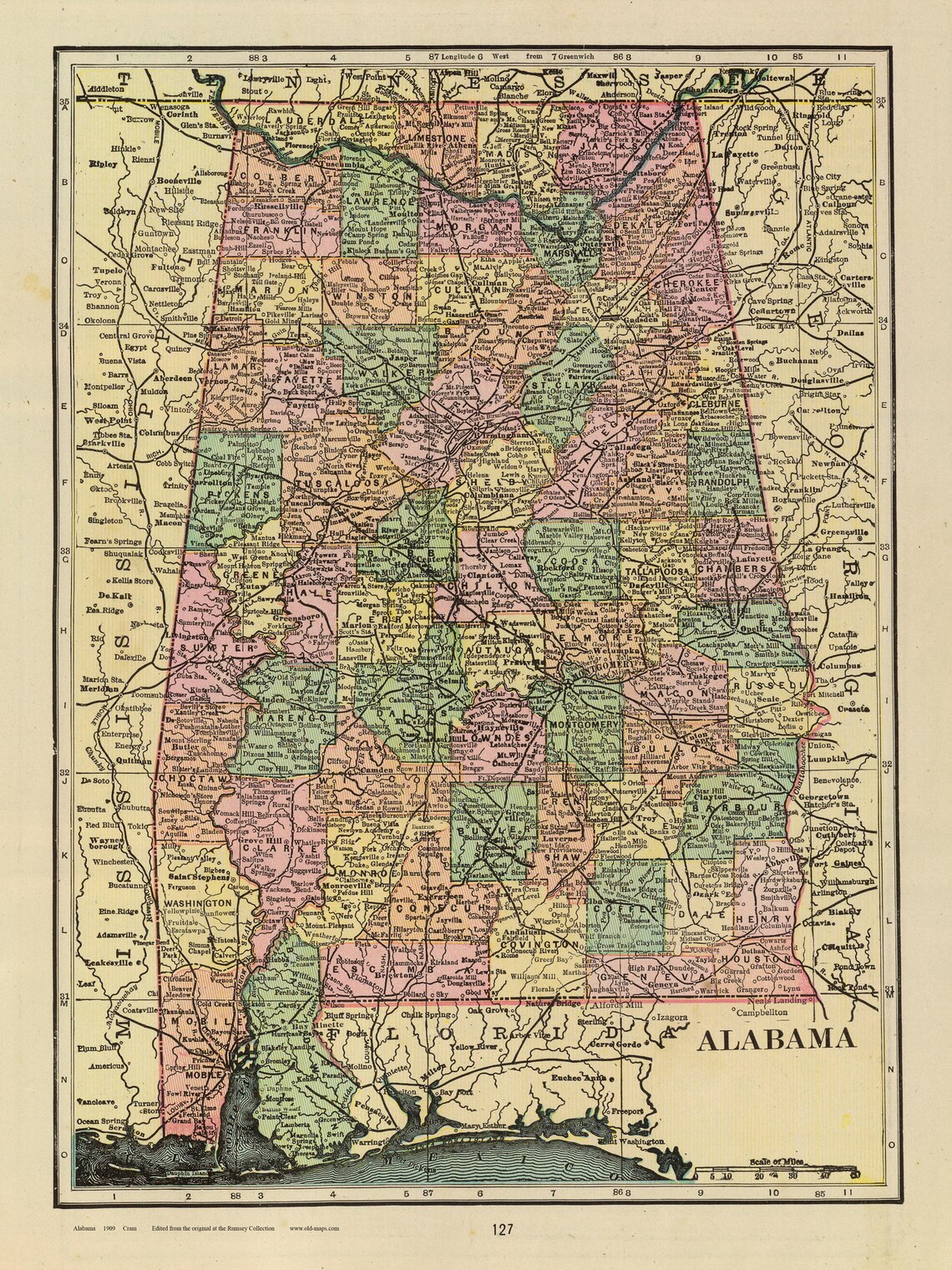 Alabama 1909 Old State Map Reprint | Etsy