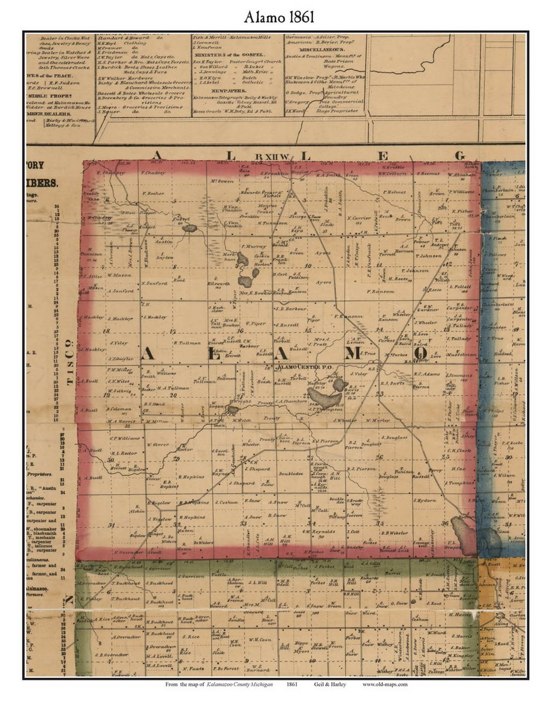 Alamo 1861 Old Town Map With Homeowner Names - Michigan - Reprint ...