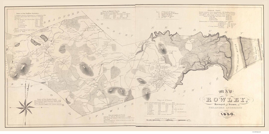 Rowley 1830 - Old Town Map - Homeowner Names Massachusetts Reprint ...