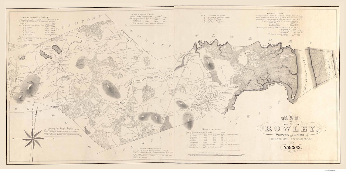 Rowley 1830 - Old Town Map - Homeowner Names Massachusetts Reprint ...