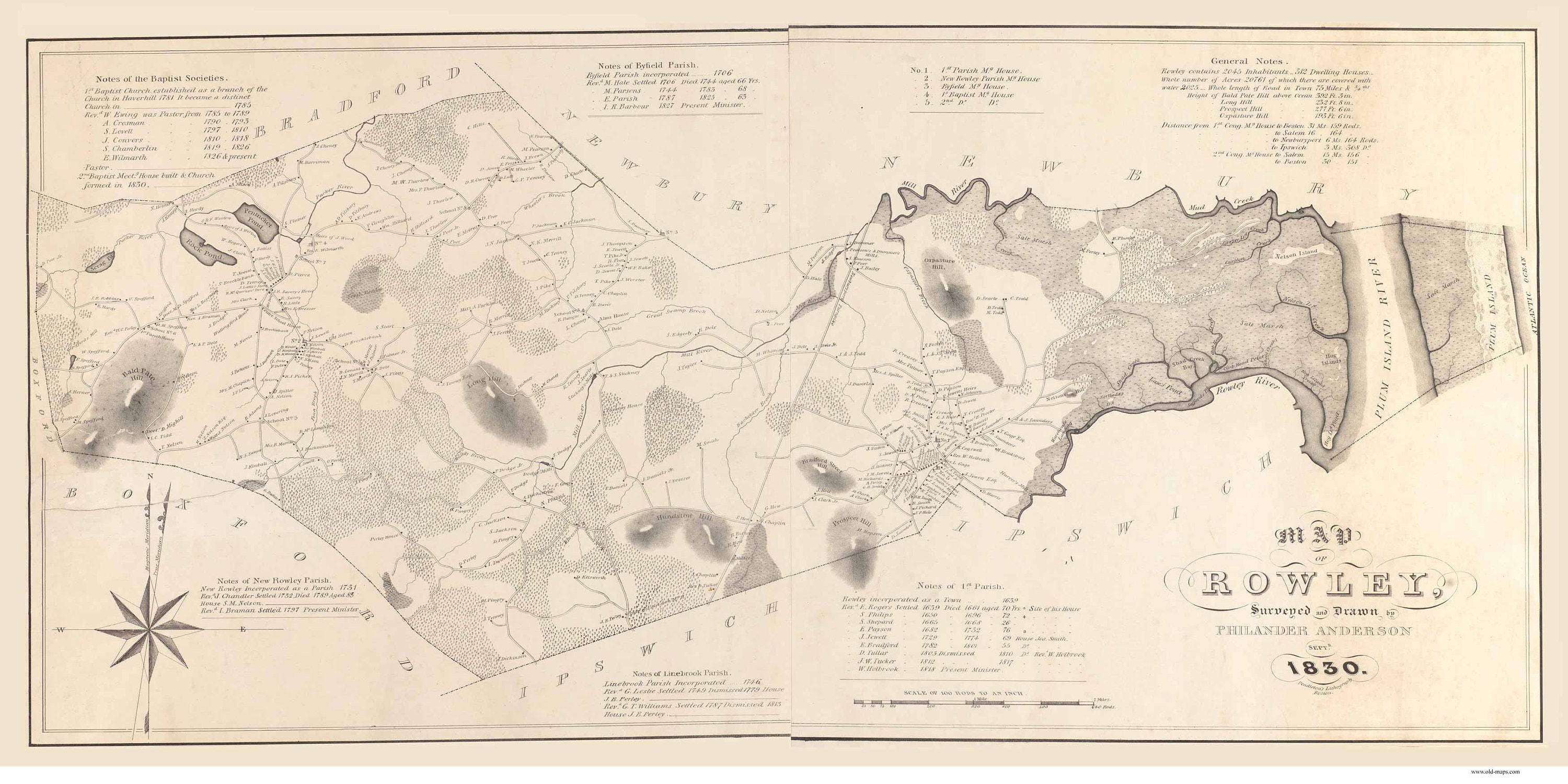Rowley 1830 - Old Town Map - Homeowner Names Massachusetts Reprint ...
