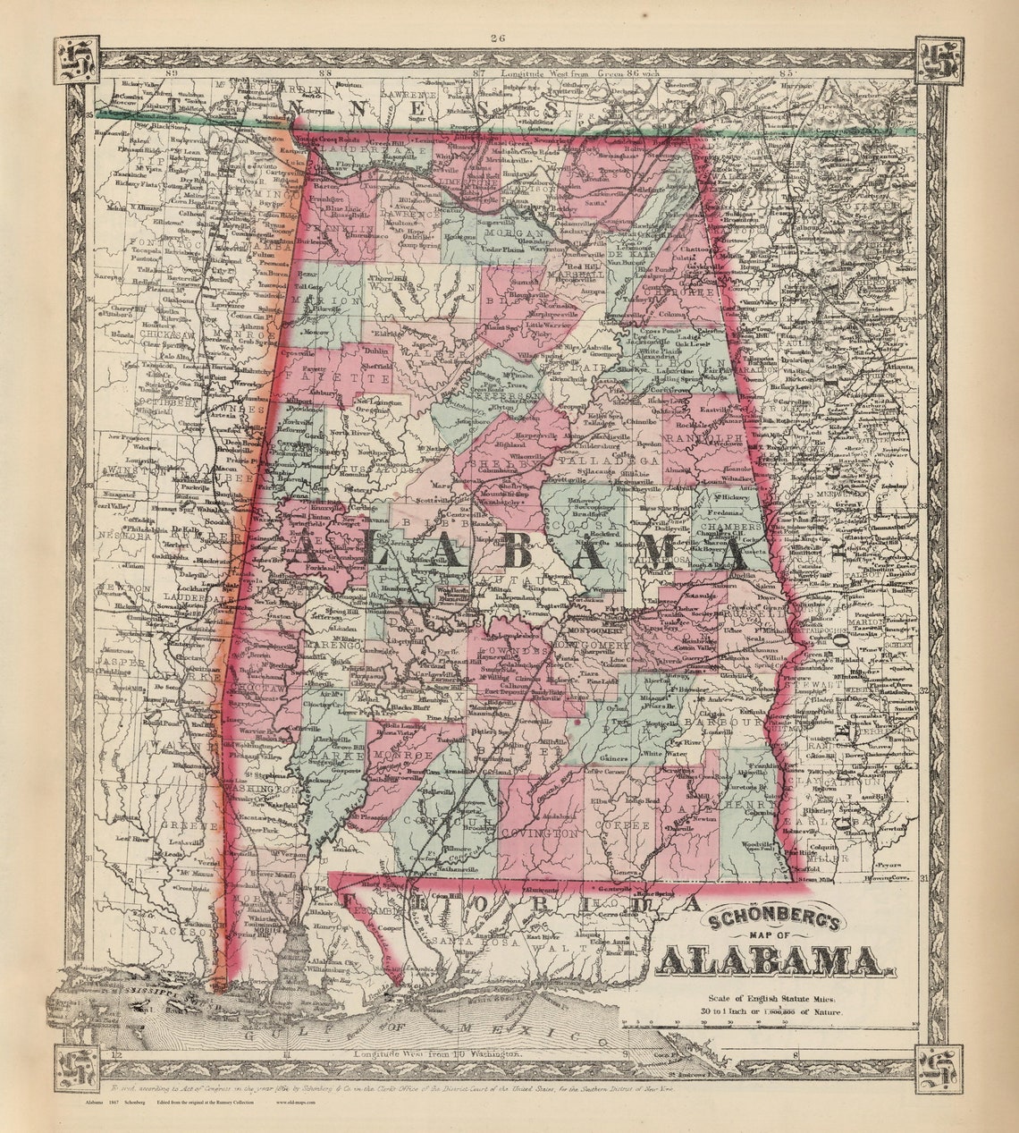 Alabama 1867 Old State Map Counties Major Roads Railroads - Etsy