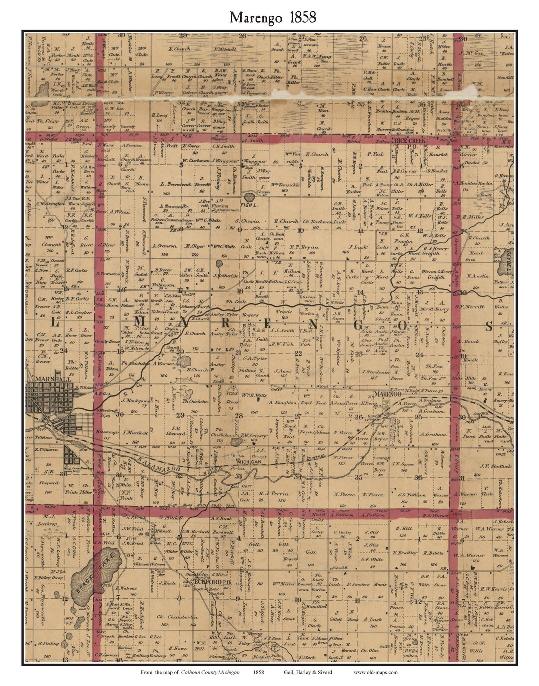 Marengo 1858 Old Town Map With Homeowner Names Michigan - Reprint ...