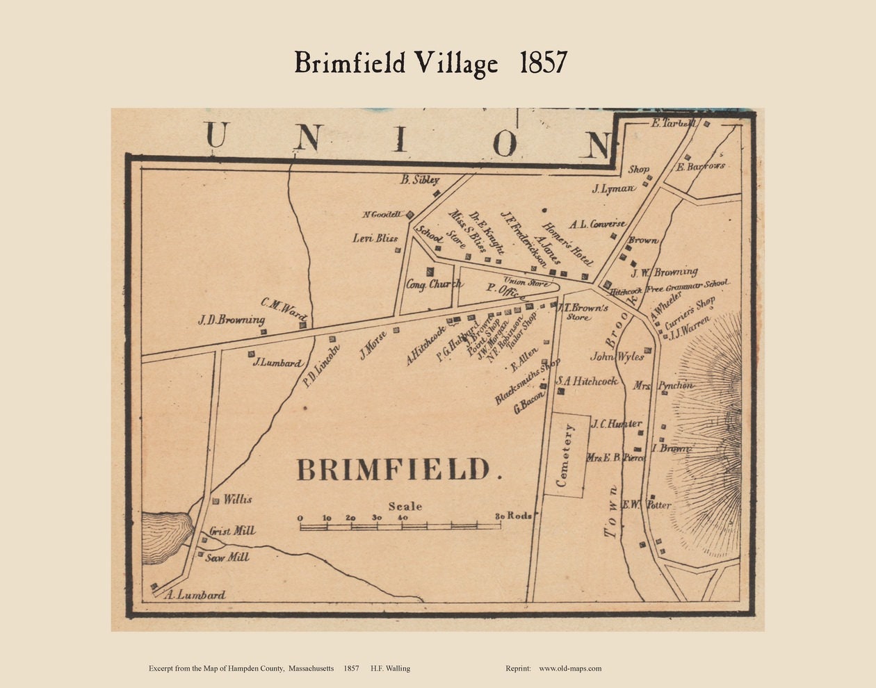 Brimfield Village 1857 Old Town Map With Homeowner Names Massachusetts ...