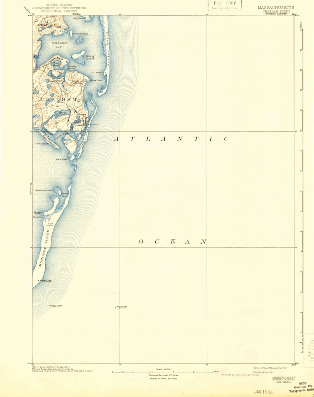 Chatham 1893 1942 Old Topo Map Orleans Nauset Beach Monomoy Island Quad ...