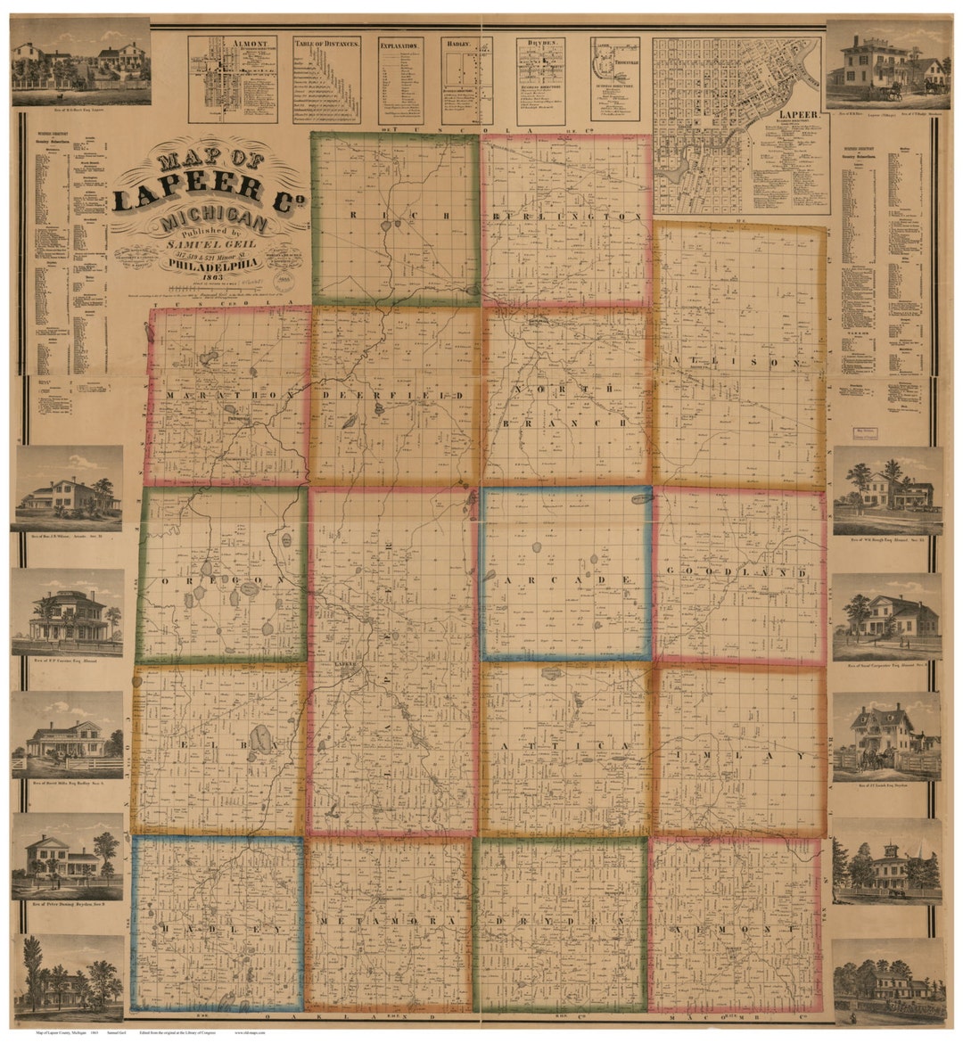 Lapeer County Michigan 1863 - Wall Map Reprint With Homeowner Names ...
