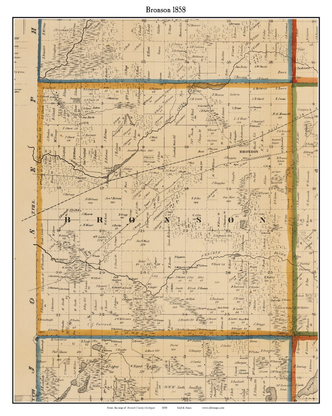Bronson 1858 Old Town Map With Homeowner Names - Michigan - Reprint ...