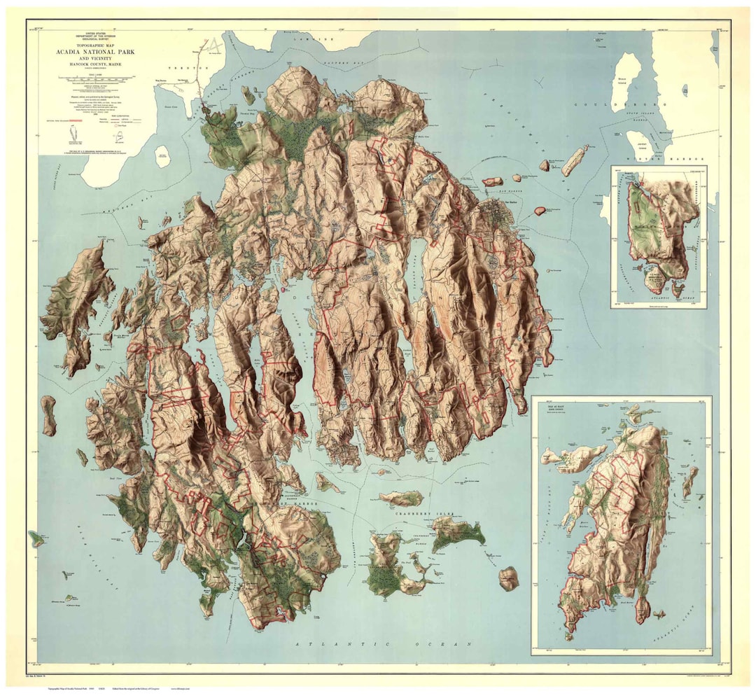 Acadia National Park 1960 Old Wall Map 3D Maine - Reprint LC MDI - Etsy