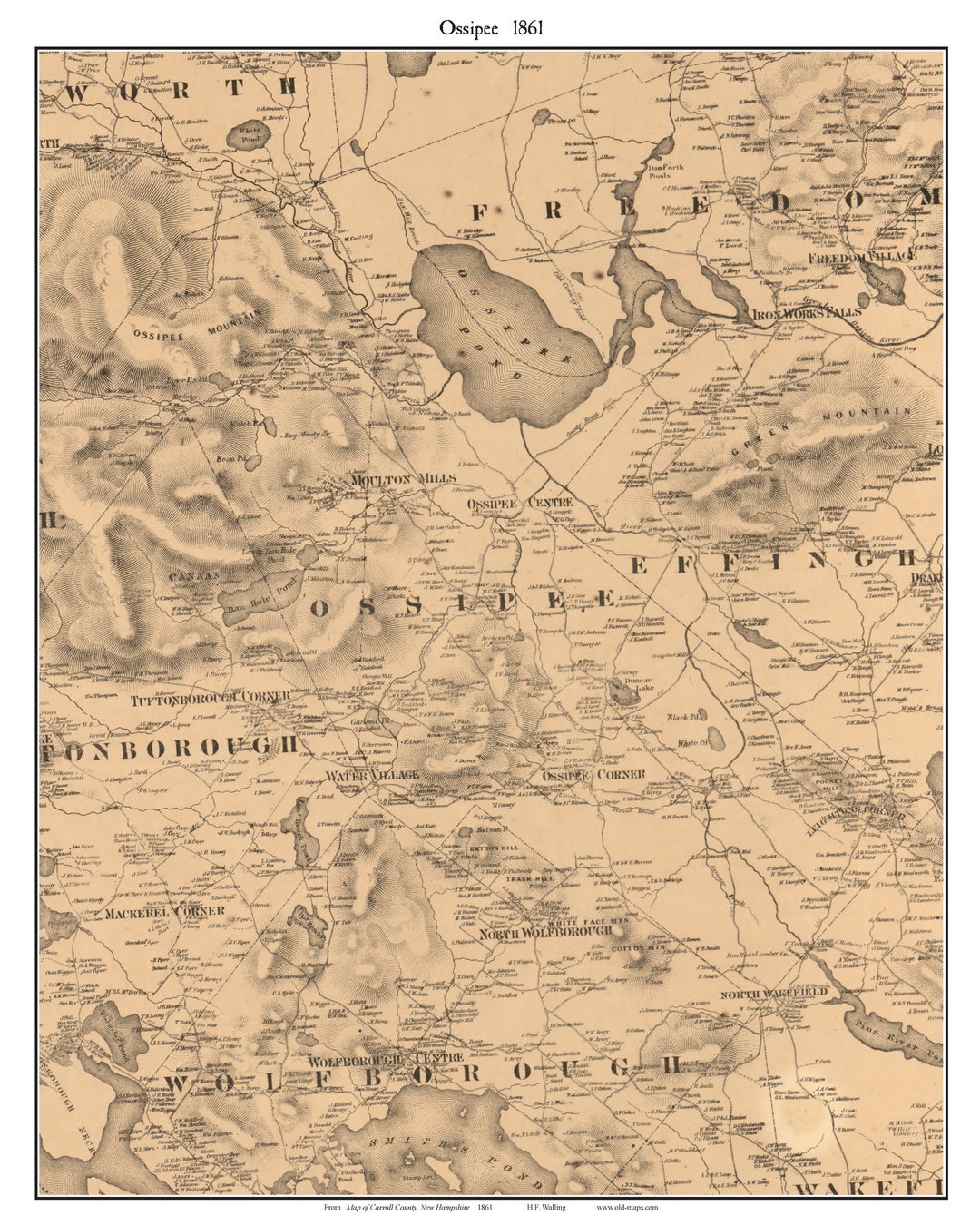 Ossipee 1861 Old Town Map With Homeowner Names New Hampshire Ossipee ...