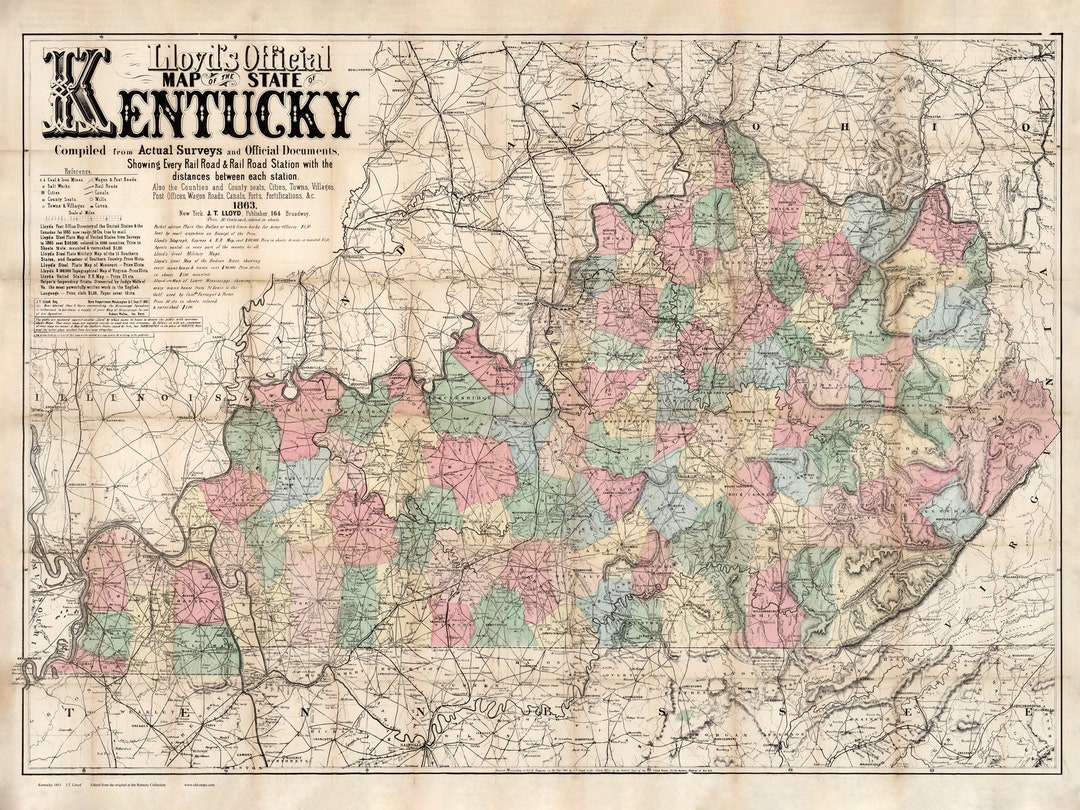 Kentucky 1863 - State Map Lloyd - Old Map Reprint - Etsy