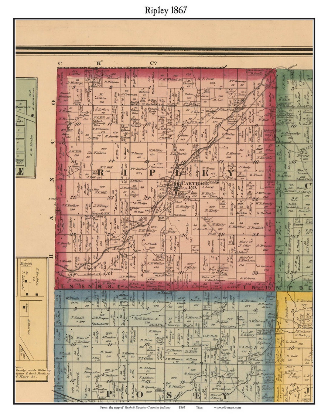 Ripley 1867 Old Town Map With Homeowner Names Indiana Carthage ...