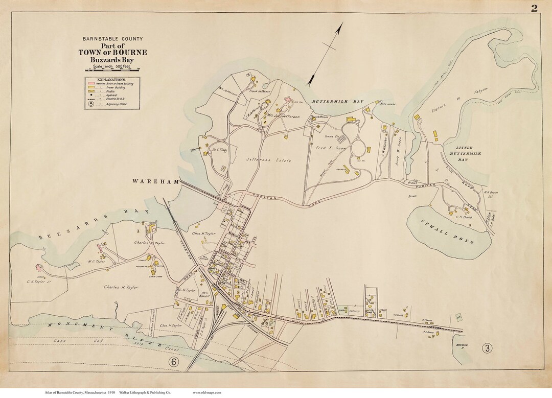 Buzzards Bay, Town of Bourne - 1910 Old Street Map Reprint -buttermilk ...
