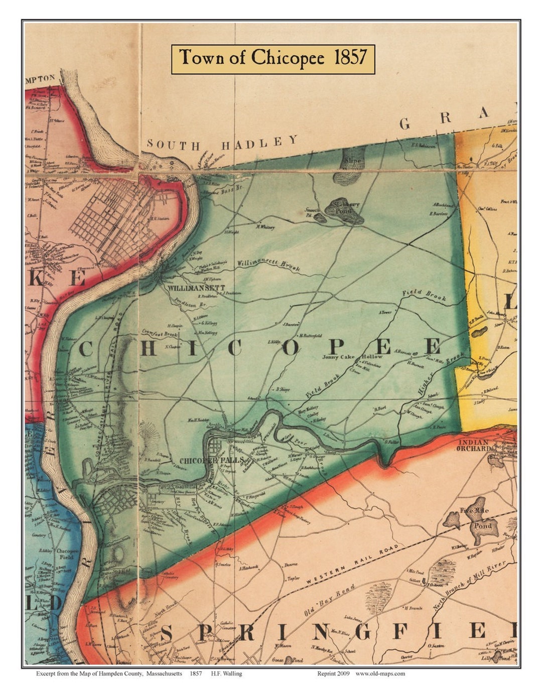 Chicopee 1857 Old Town Map With Homeowner Names Massachusetts - Etsy