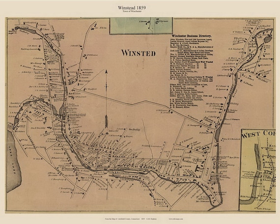 Winsted 1859 Old Town Map with Homeowner Names Connecticut | Etsy