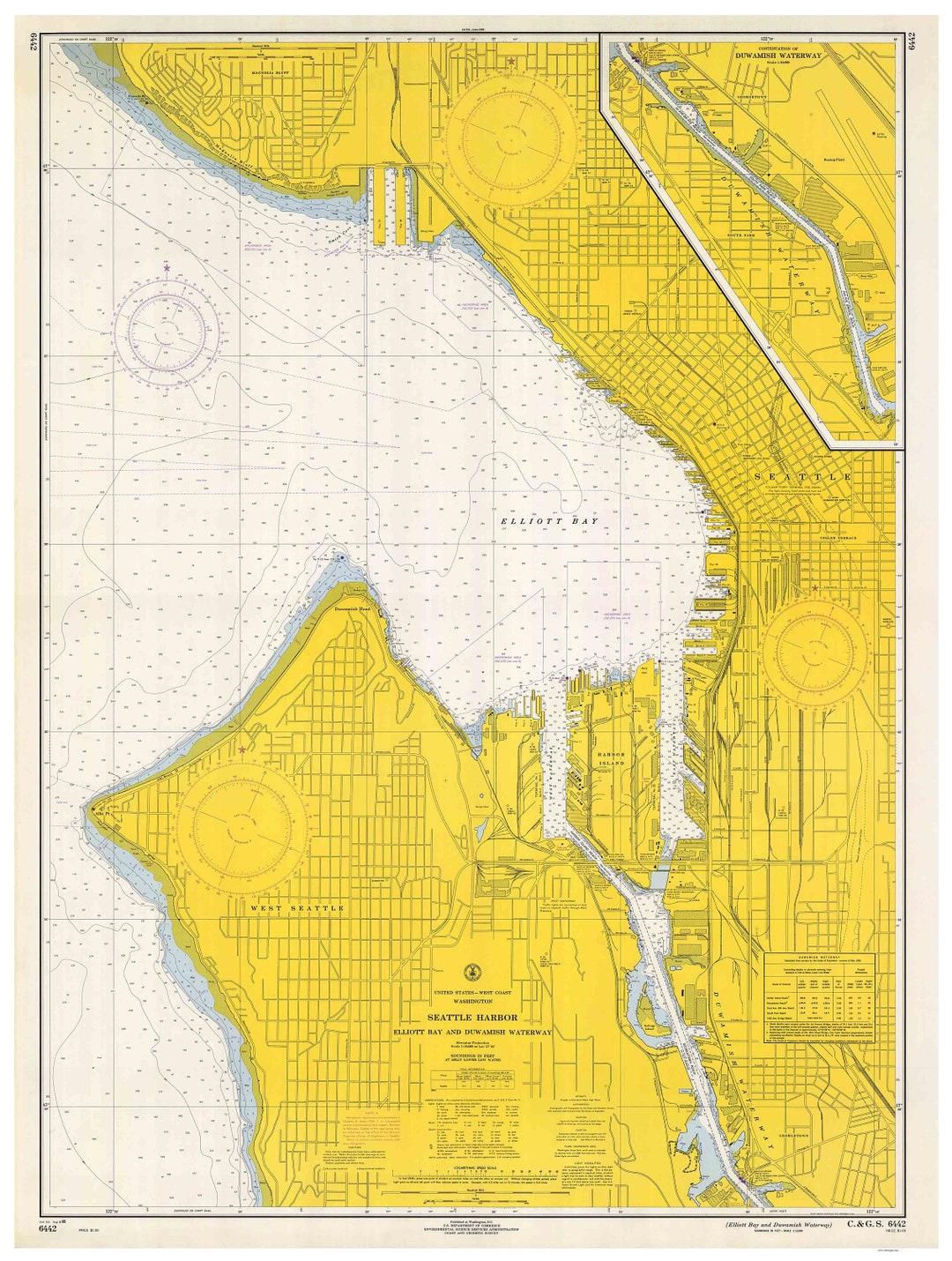 Seattle Harbor Elliott Bay and Duwamish Waterway 1966 Nautical Map ...