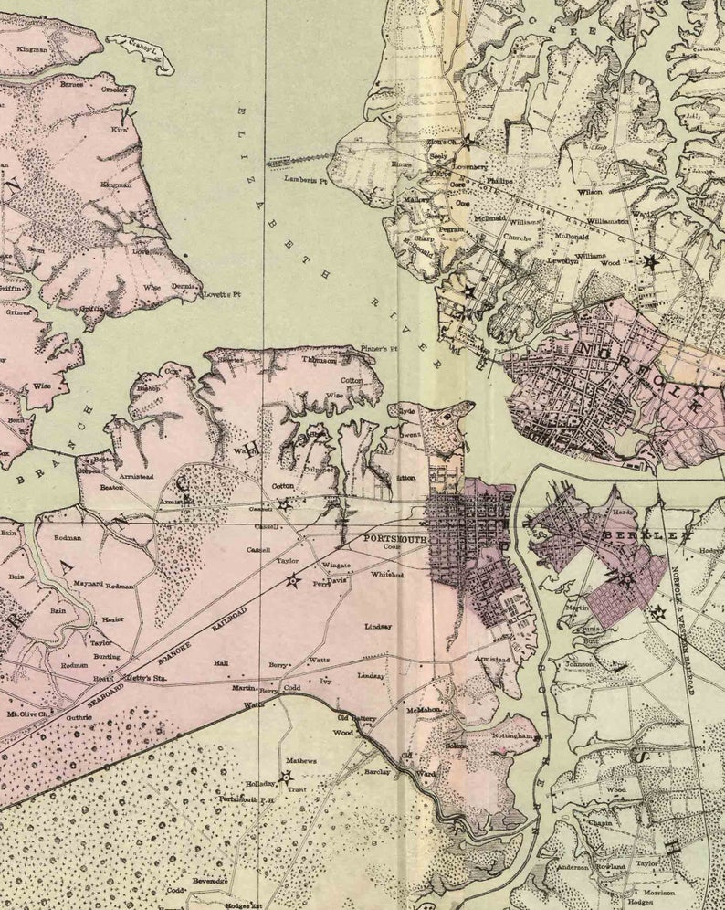 Norfolk County Virginia 1887 Old Wall Map With Homeowner Names - Etsy