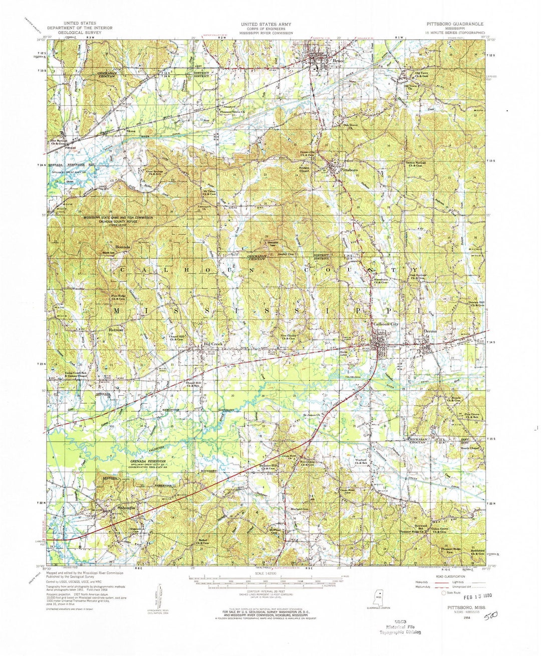 Pittsboro 1954 1960 Old Topo Map Calhoun City Derma Bruce Quad Reprint ...