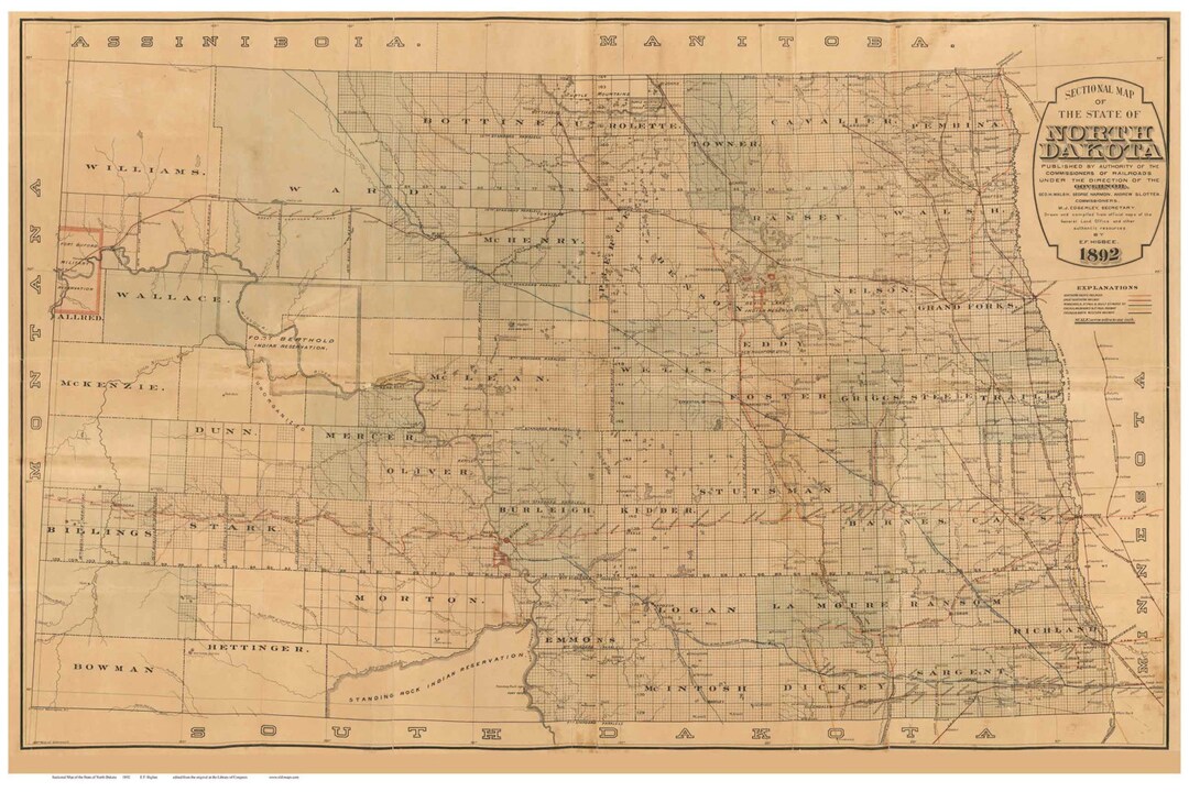 North Dakota - 1892 Railroad Map - Old State Map Reprint - Etsy