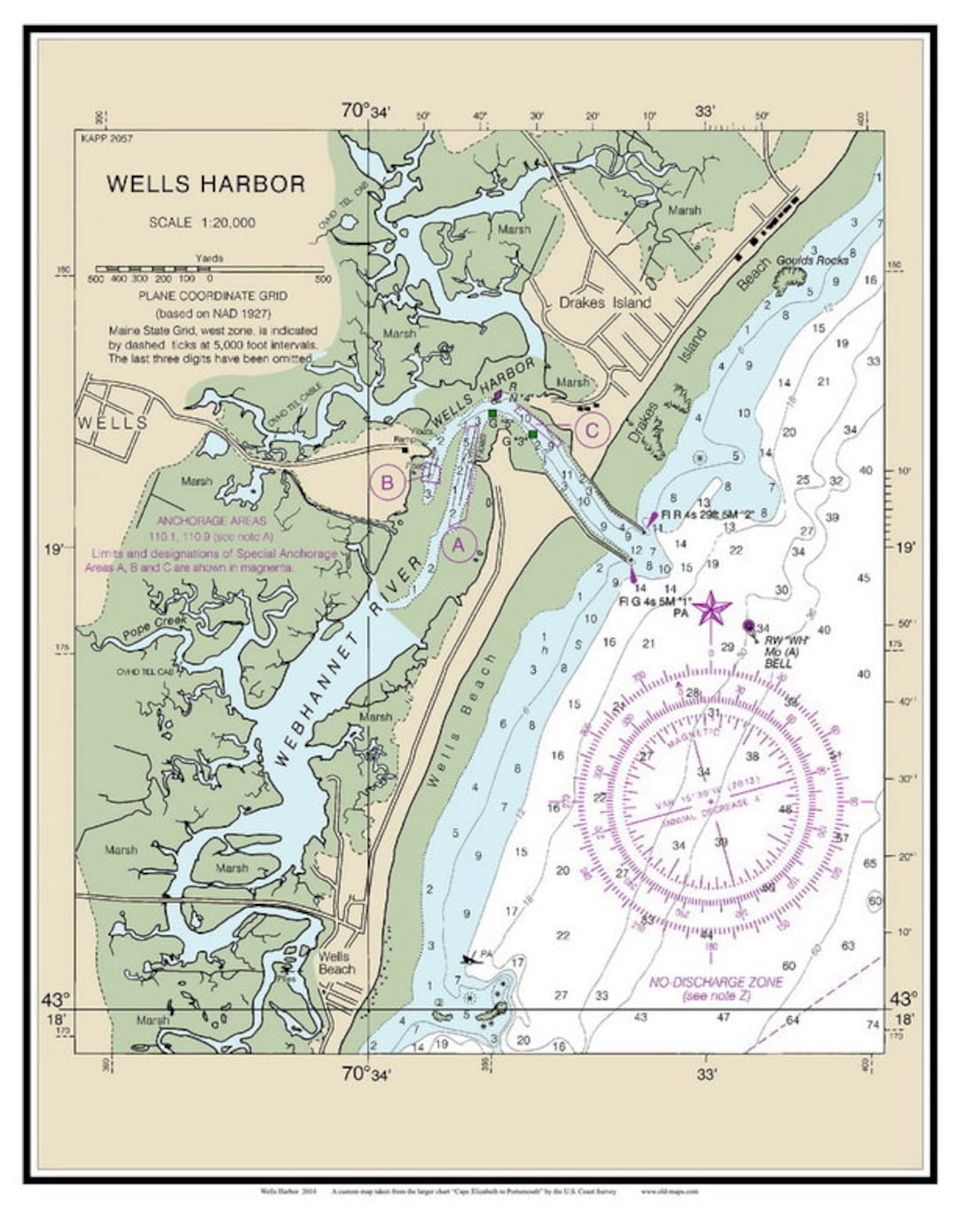 Wells Harbor 2014 Old Map Nautical Chart Maine Custom 80000 13286 - Etsy