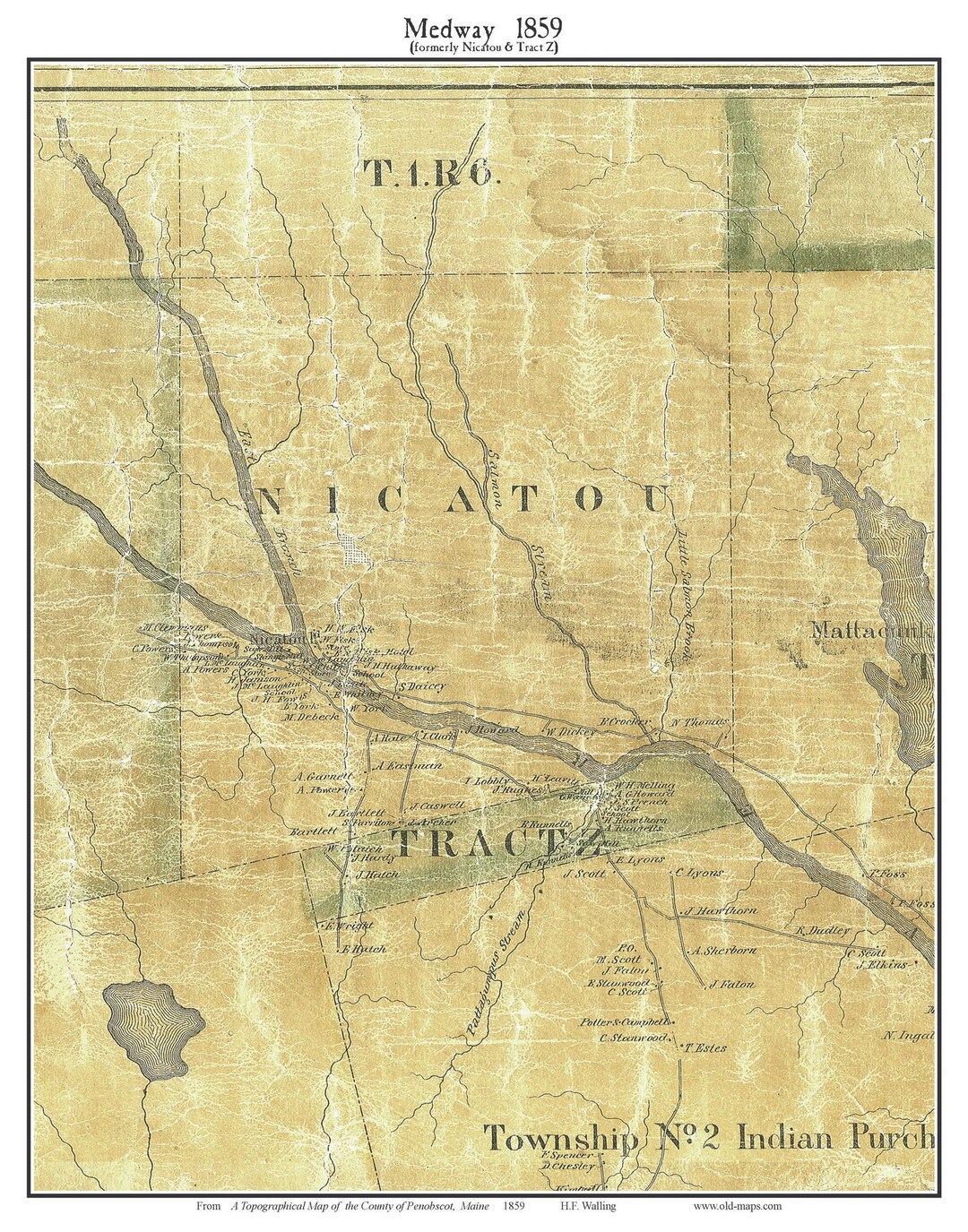 Medway 1859 Old Town Map With Homeowner Names Maine - Reprint Genealogy ...