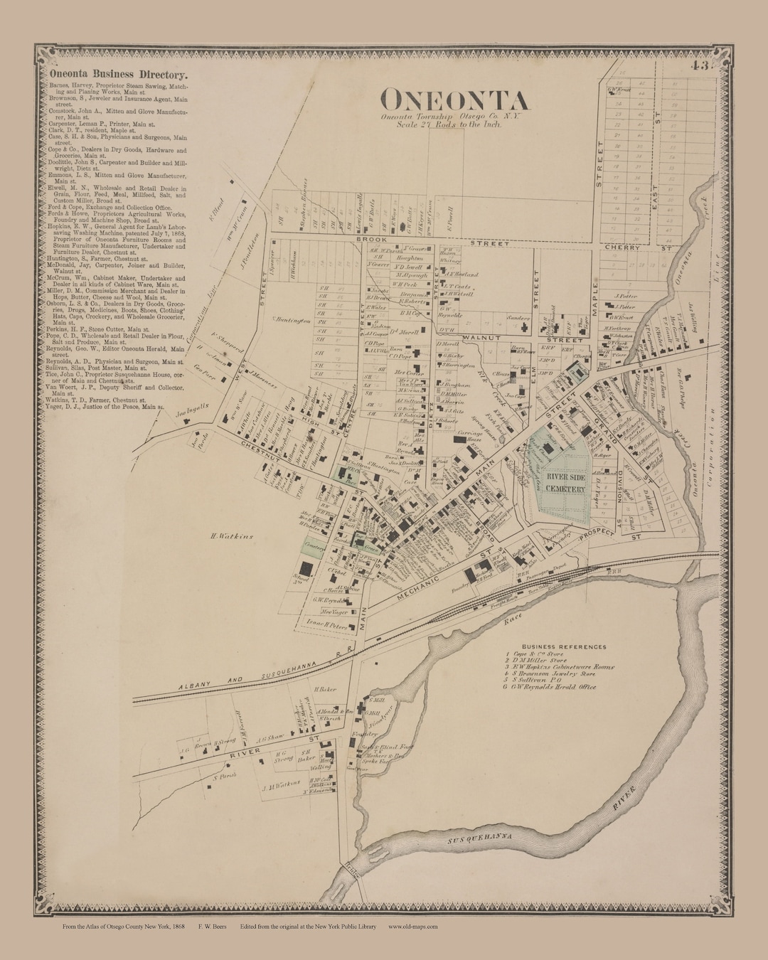 Oneonta Village 1868 Old Town Map Reprint Otsego County, New York ...