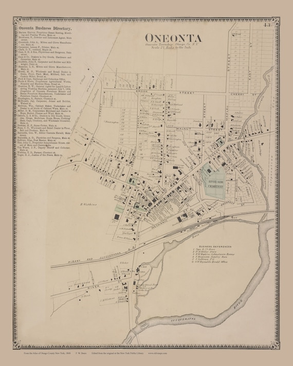 Oneonta Village 1868 Old Town Map Reprint Otsego County New - Etsy