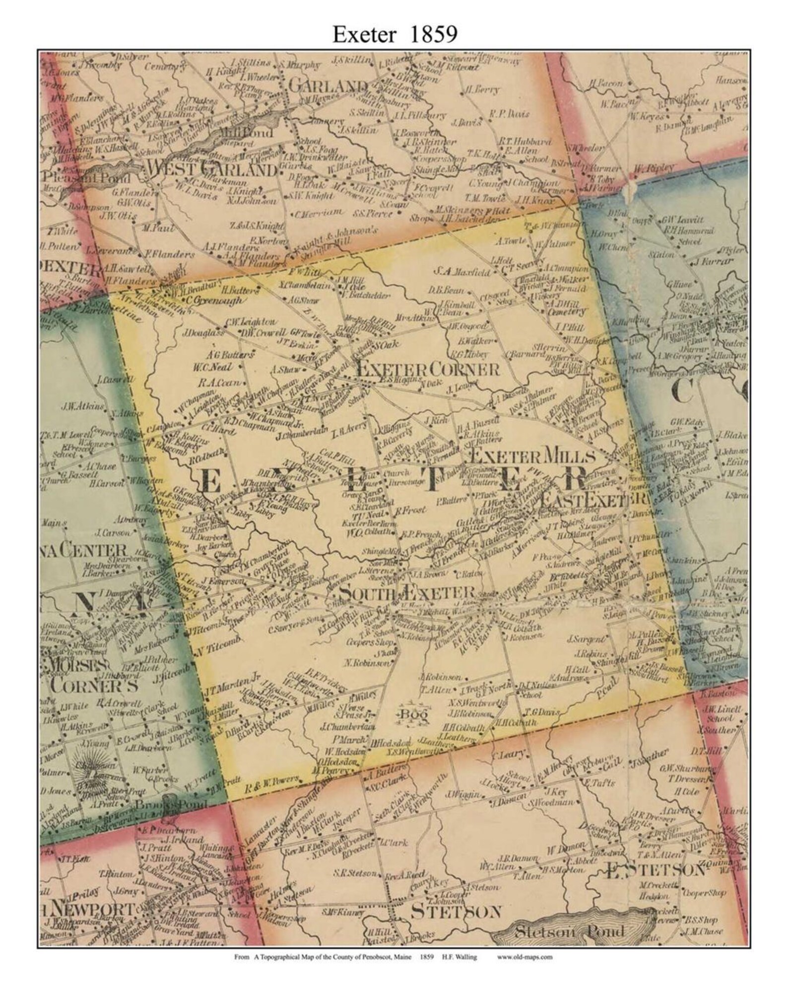 Exeter 1859 Old Town Map With Homeowner Names Maine - Reprint Genealogy ...