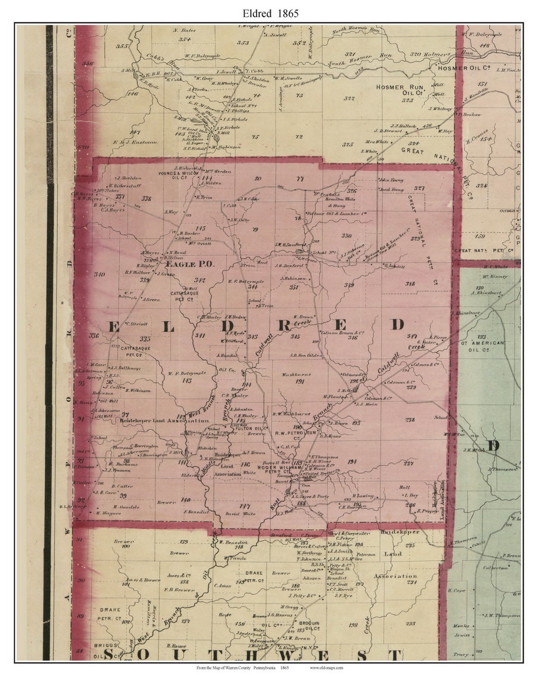 Eldred 1865 - Old Town Map With Homeowner Names Eagle - Pennsylvania ...