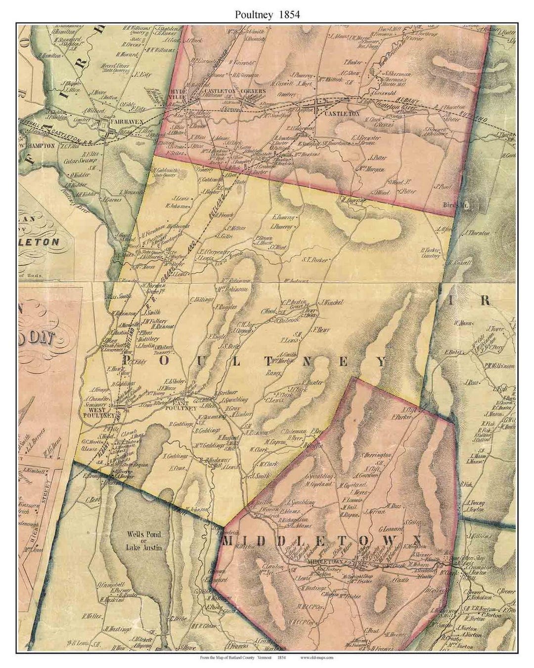 Poultney 1854 Old Town Map With Homeowner Names - Vermont - Rutland ...