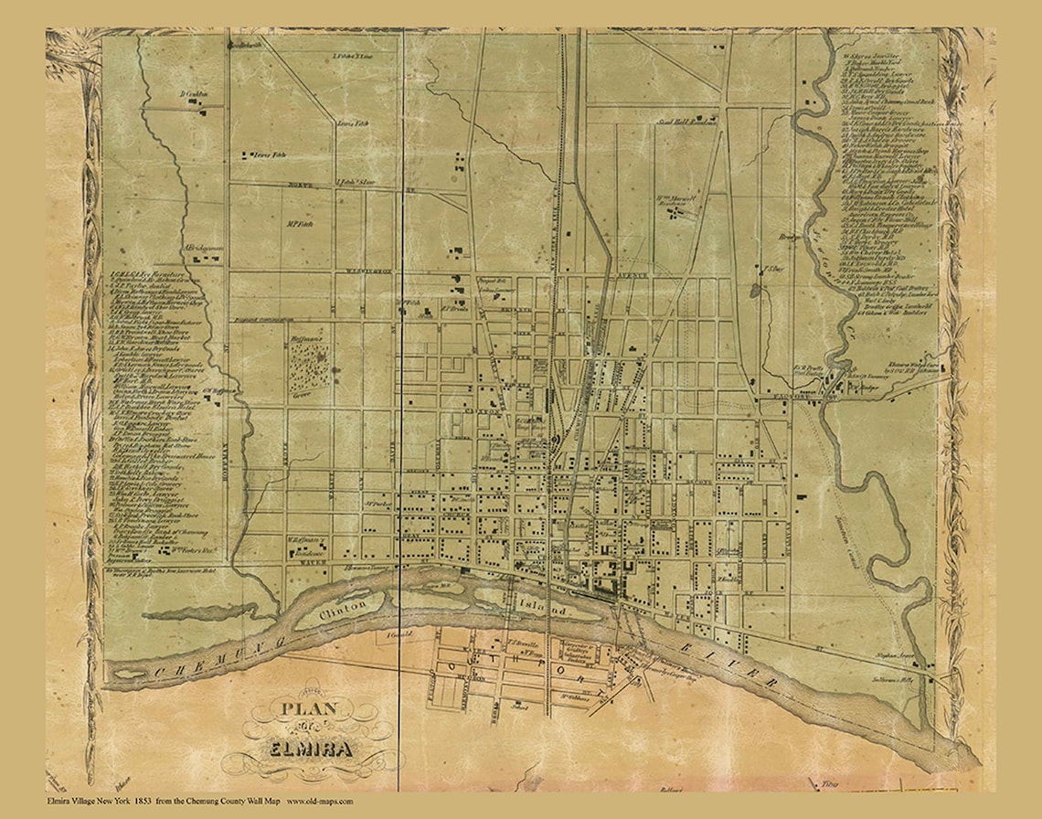 Elmira Village 1853 Old Town Map With Homeowner Names New York - Etsy