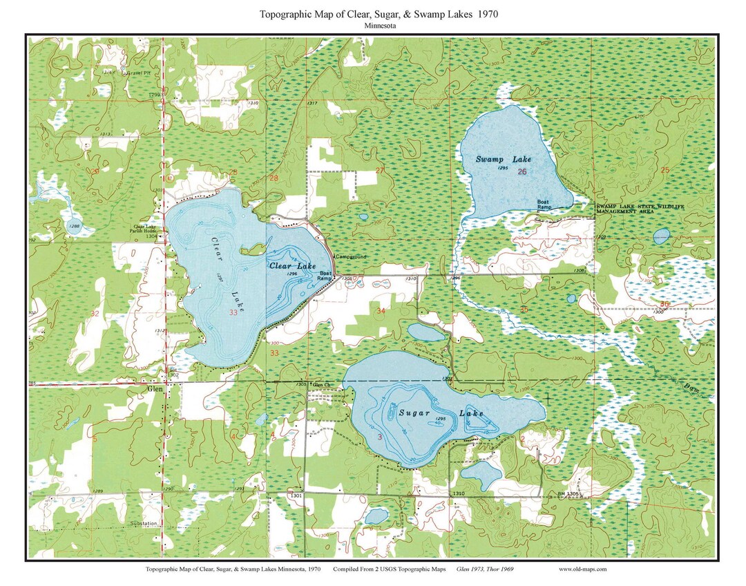 Clear, Sugar & Swamp Lakes - Ca. 1970 Map - Old Topographic USGS Custom ...