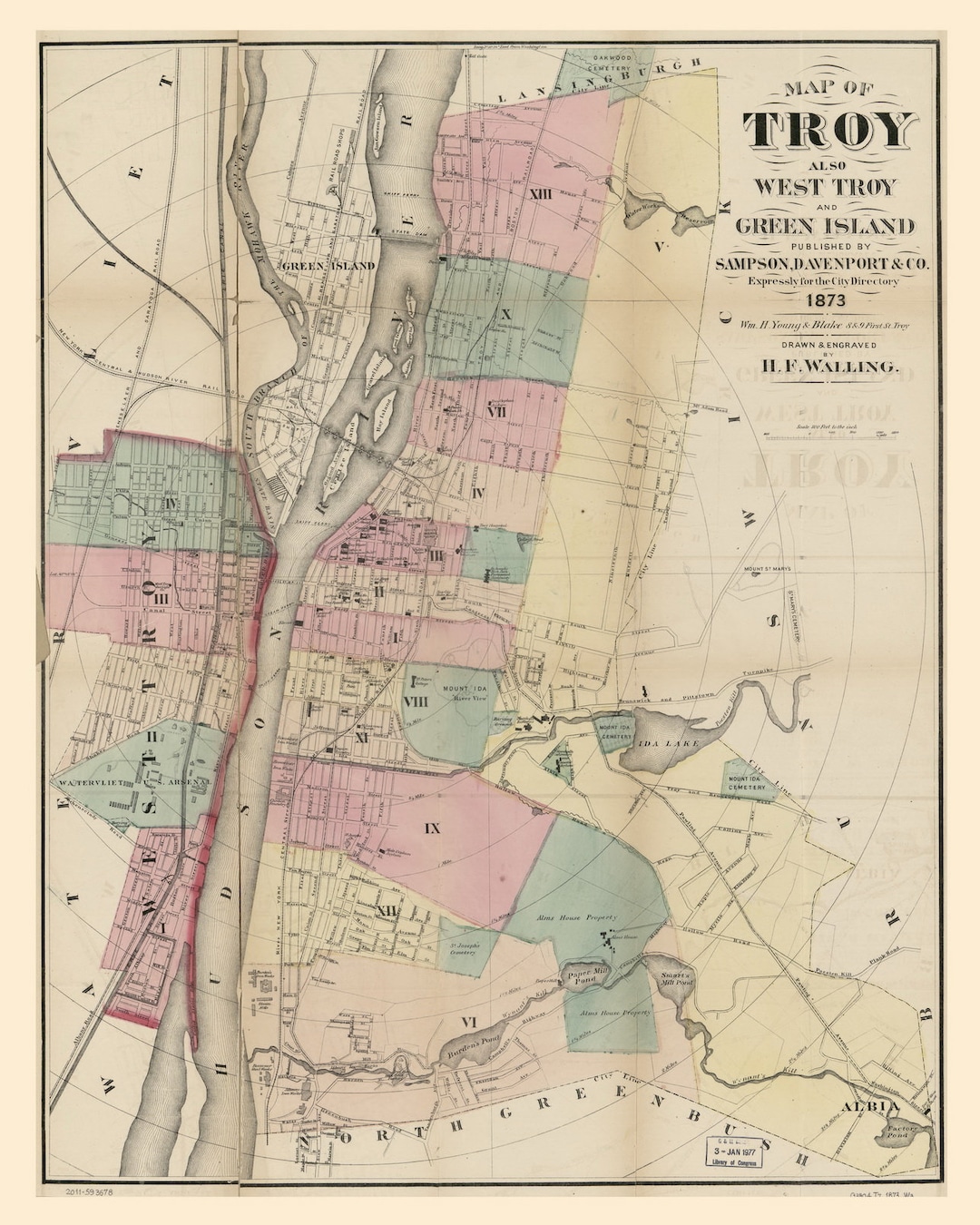 Troy New York Old Map Reprint West Troy Green Island - 1873 Homeowner ...