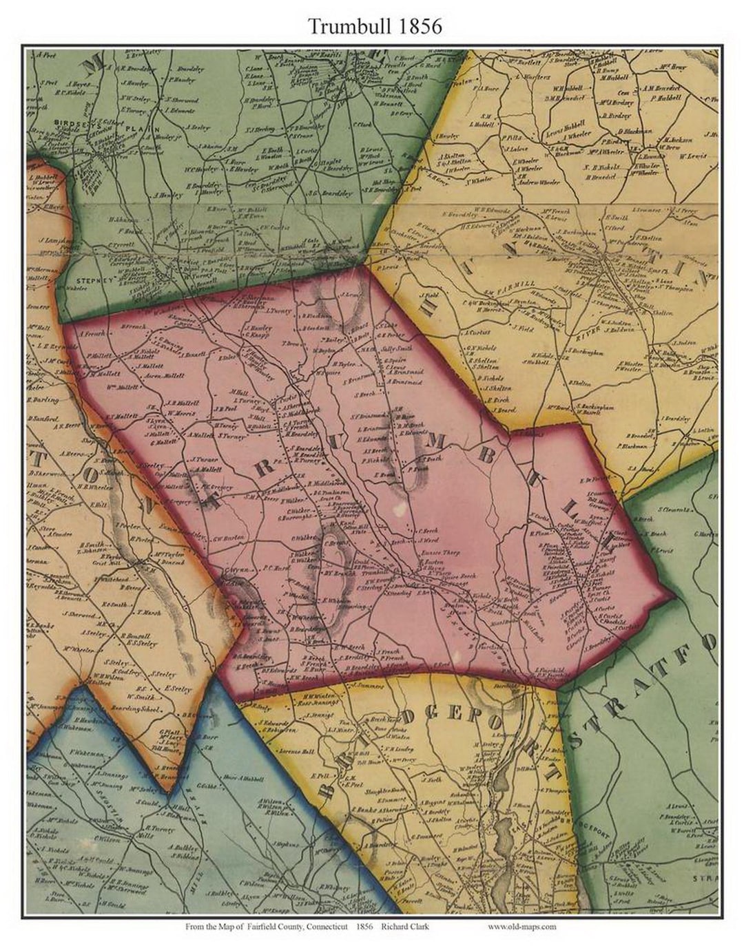 Trumbull 1856 Old Town Map With Homeowner Names Connecticut - Reprint ...
