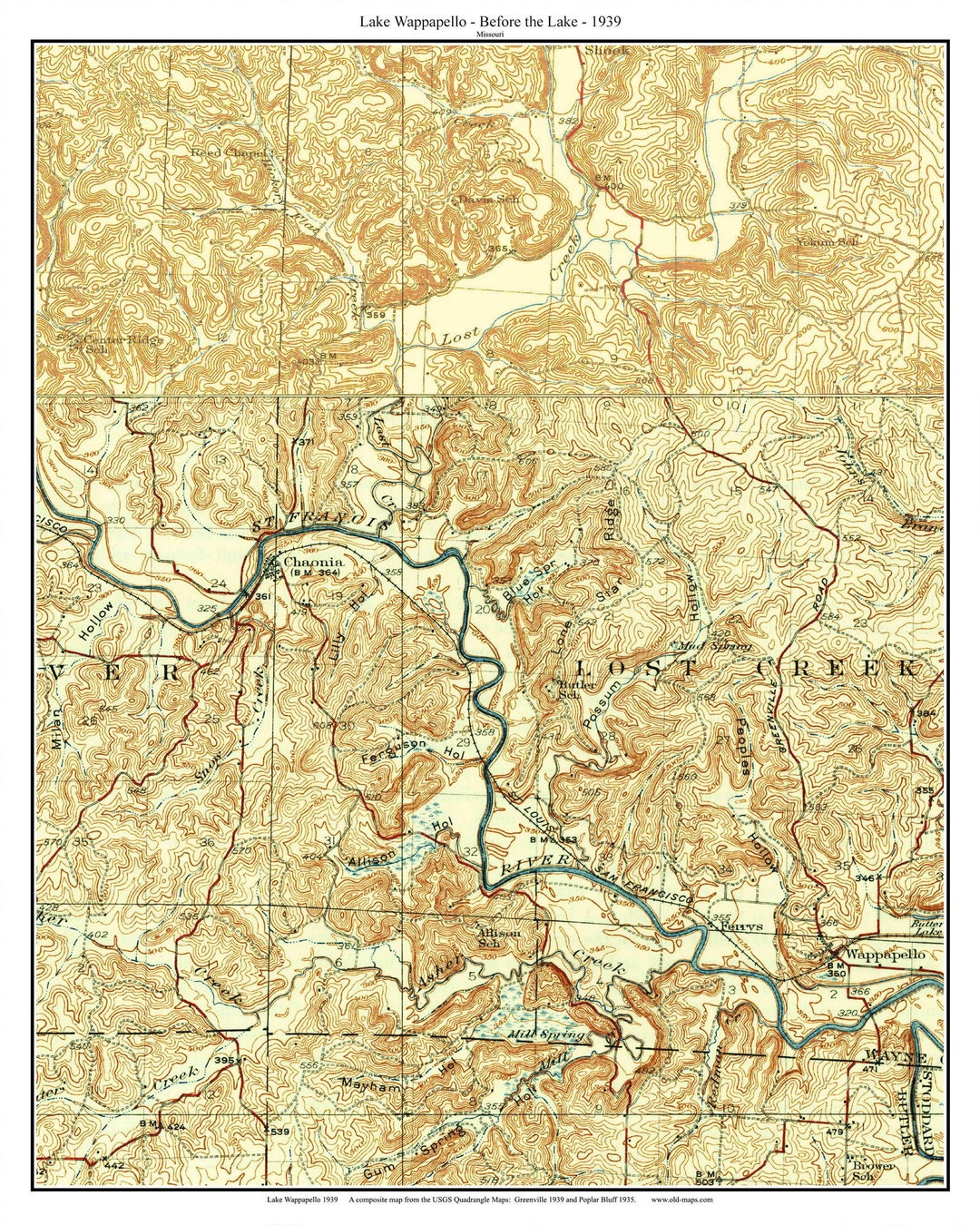 Lake Wappapello 1939 Old Map Topo Custom Composite USGS Reprint ...