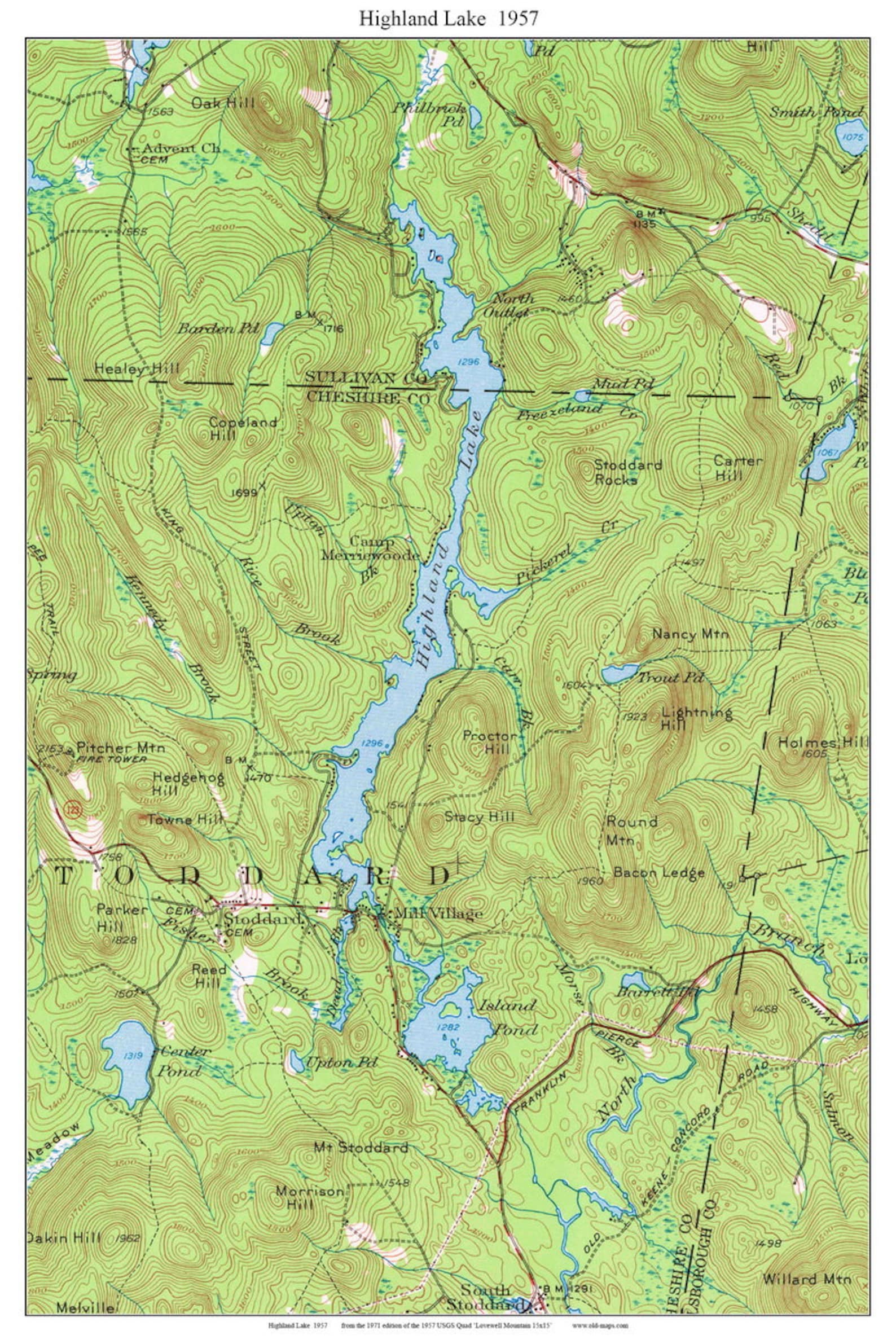 Highland Lake 1957 Old Topographic Map USGS Custom Reprint - New ...
