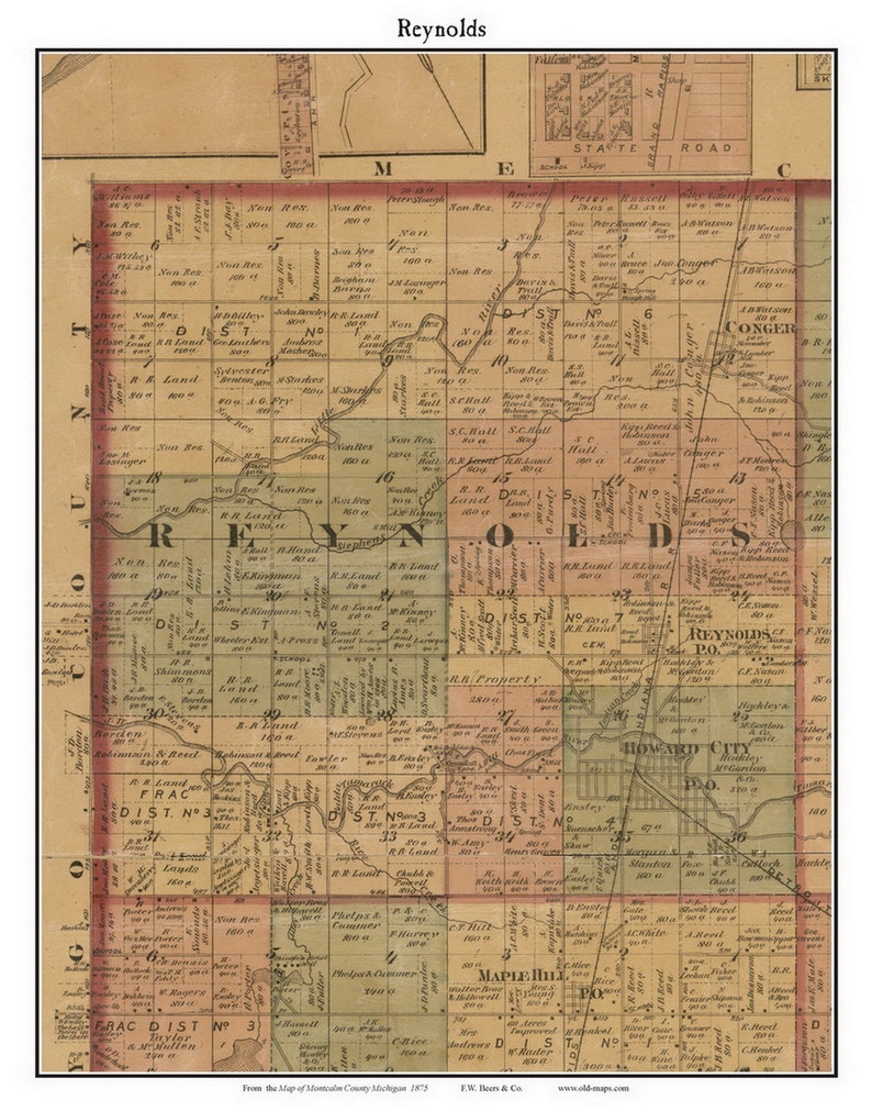 Reynolds 1875 Old Town Map With Homeowner Names Howard City | Etsy