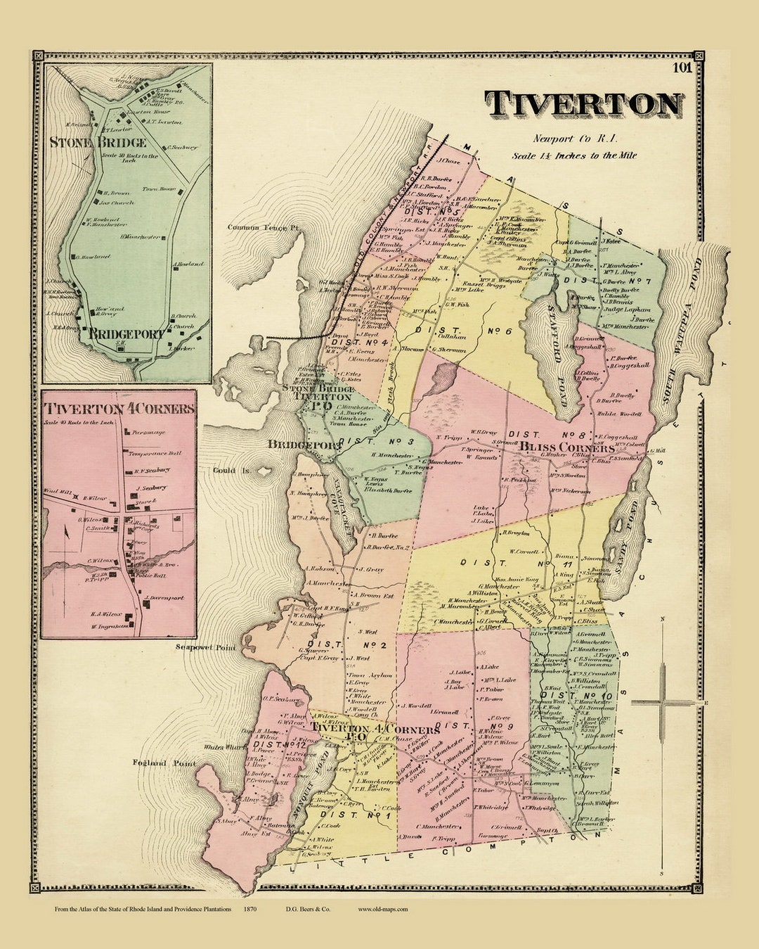 Tiverton Rhode Island 1870 Old Town Map Stone Bridge Tiverton Four ...