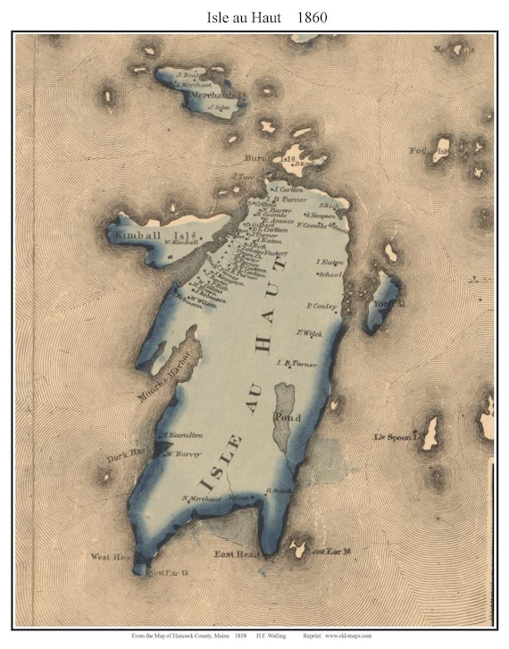 Isle Au Haut 1860 Old Town Map With Homeowner Names Maine - Etsy
