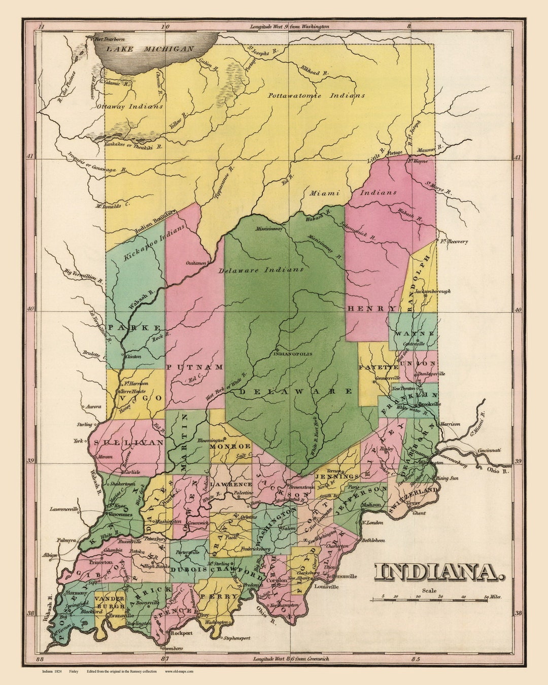 Indiana 1824 Old State Map Finley Reprint - Etsy