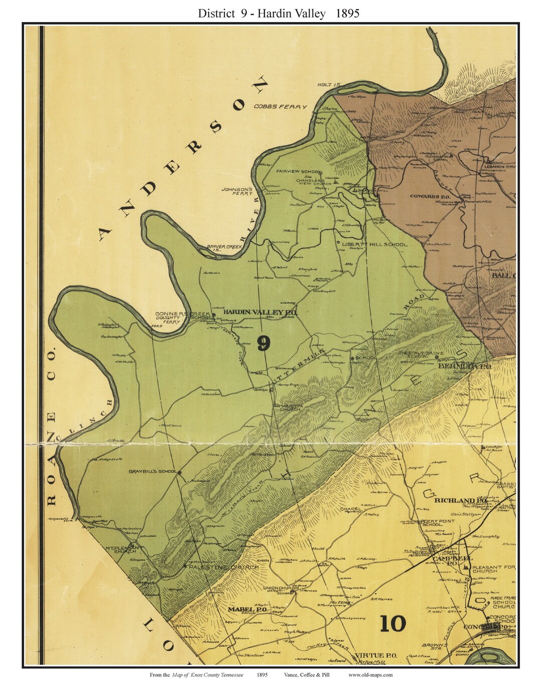 District 9 Hardin Valley 1895 Old Town Map With Homeowner Names ...