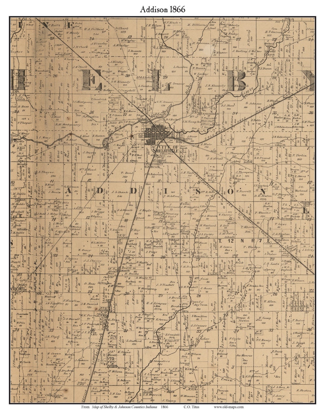 Addison 1866 Old Town Map With Homeowner Names Indiana - Shelbyville ...