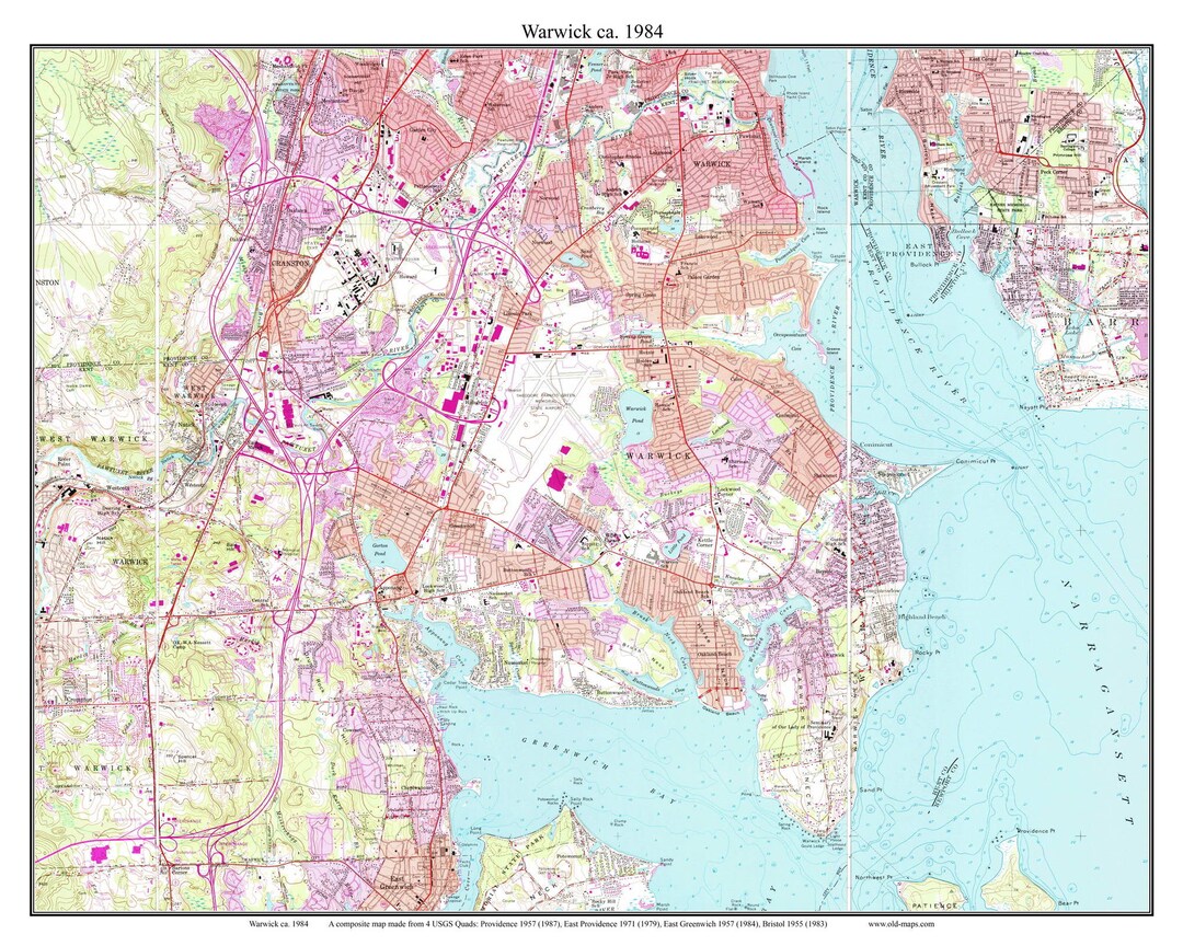Warwick 1984 - Old Topographic Map USGS Greenwich Bay Cranston Warwick ...