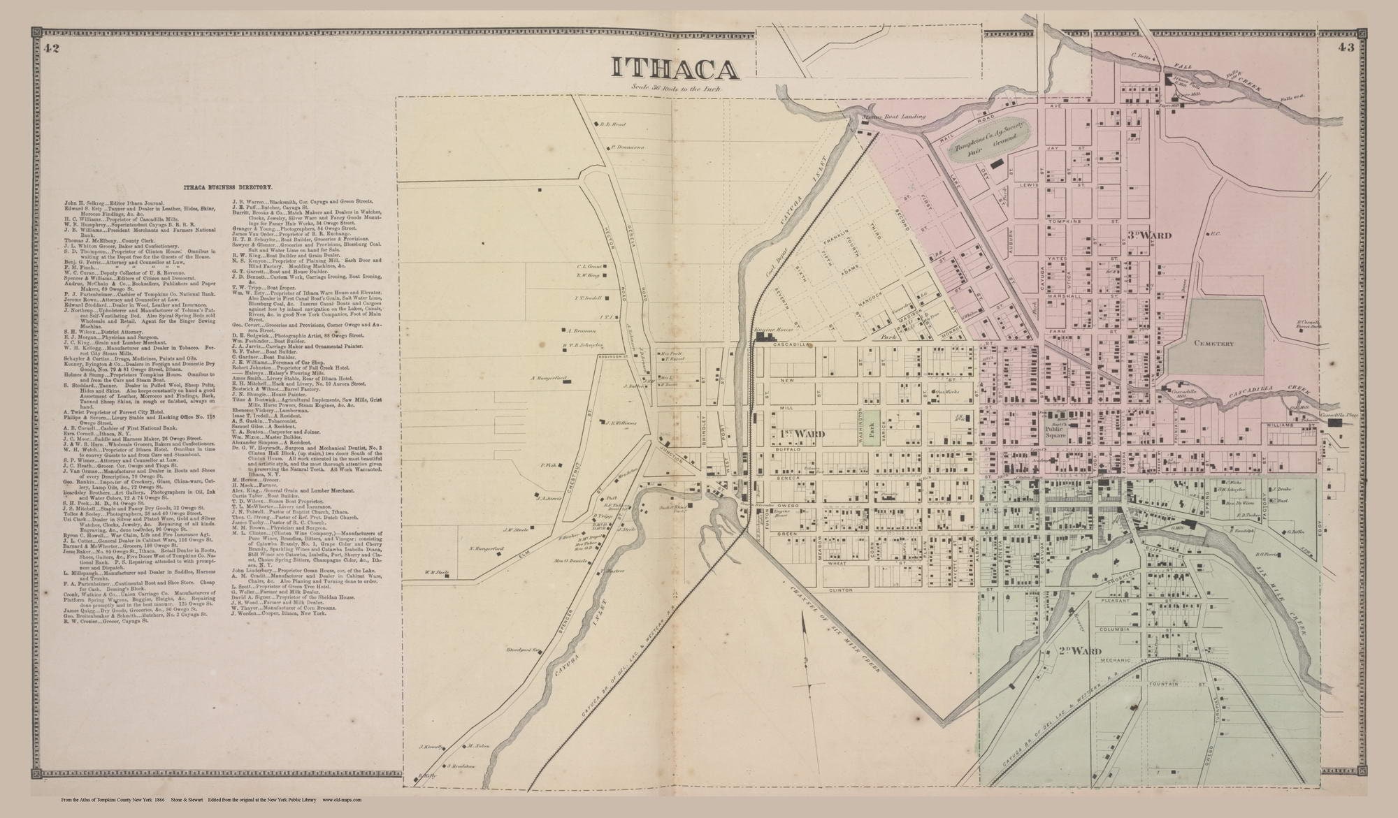 Ithaca 1866 Old Town Map Reprint Tompkins County, New York, Homeowner ...
