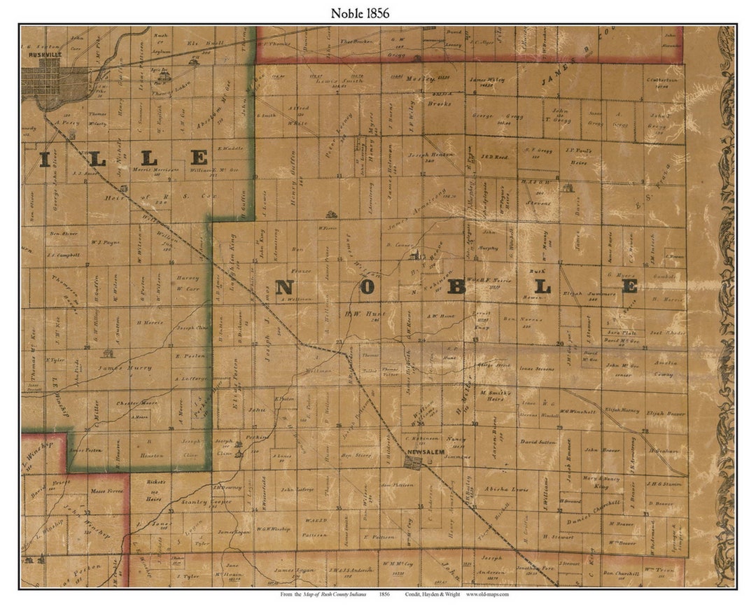 Noble 1856 Old Town Map With Homeowner Names Indiana New Salem ...